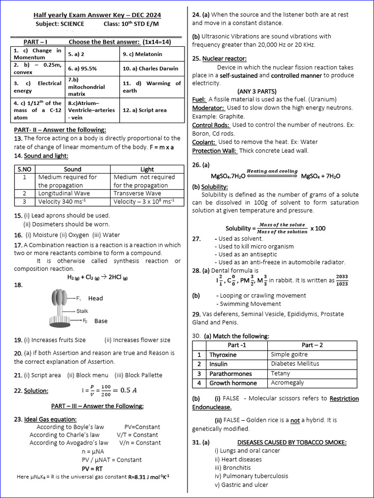 10th Science EM Half Yearly Exam 2024 Question Paper Tirupattur ...