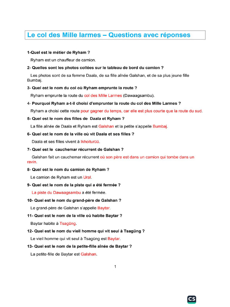 Le Col Des Mille Larmes - Questions Et Réponses Pron | PDF