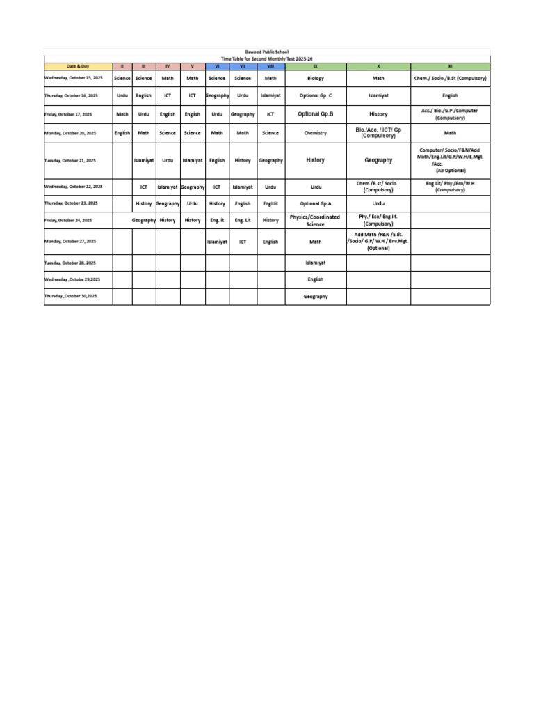 Dawood Public School Test Timetable 2025 | PDF | Inquiry | Science