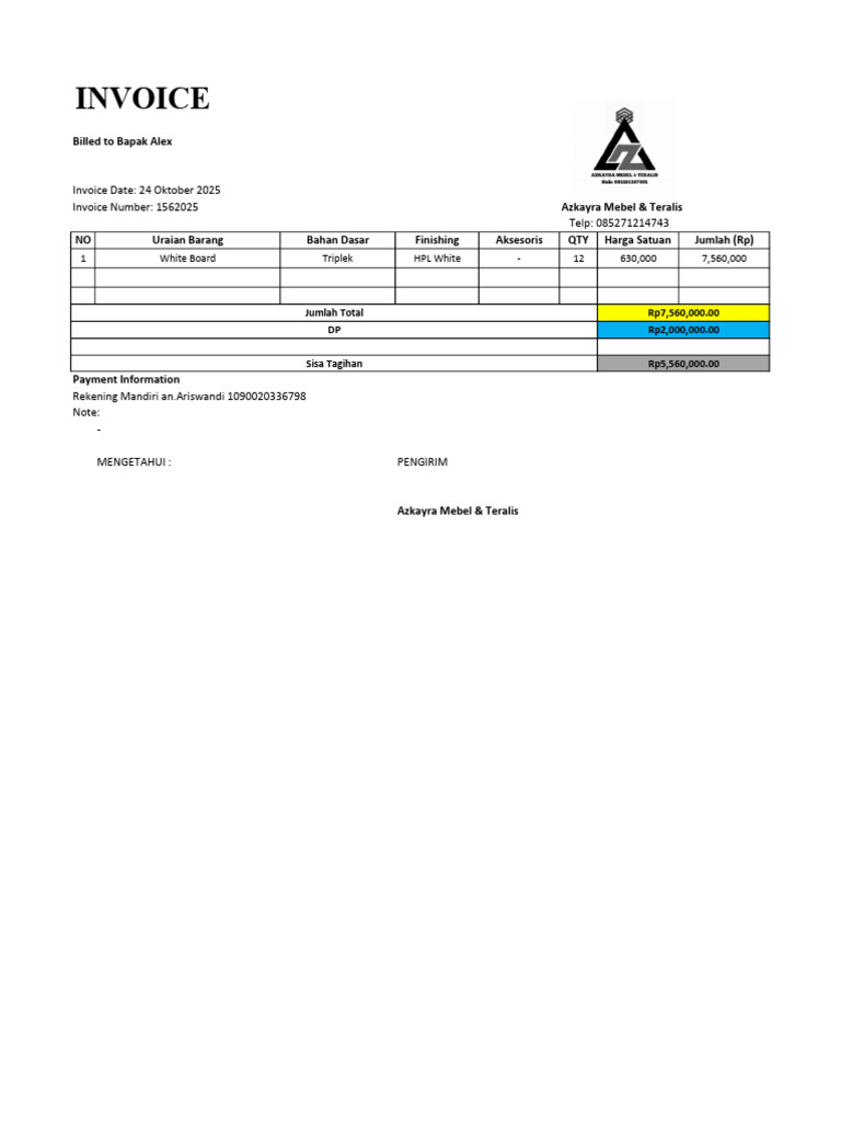 Invoice for Bapak Alex - Azkayra Mebel | PDF