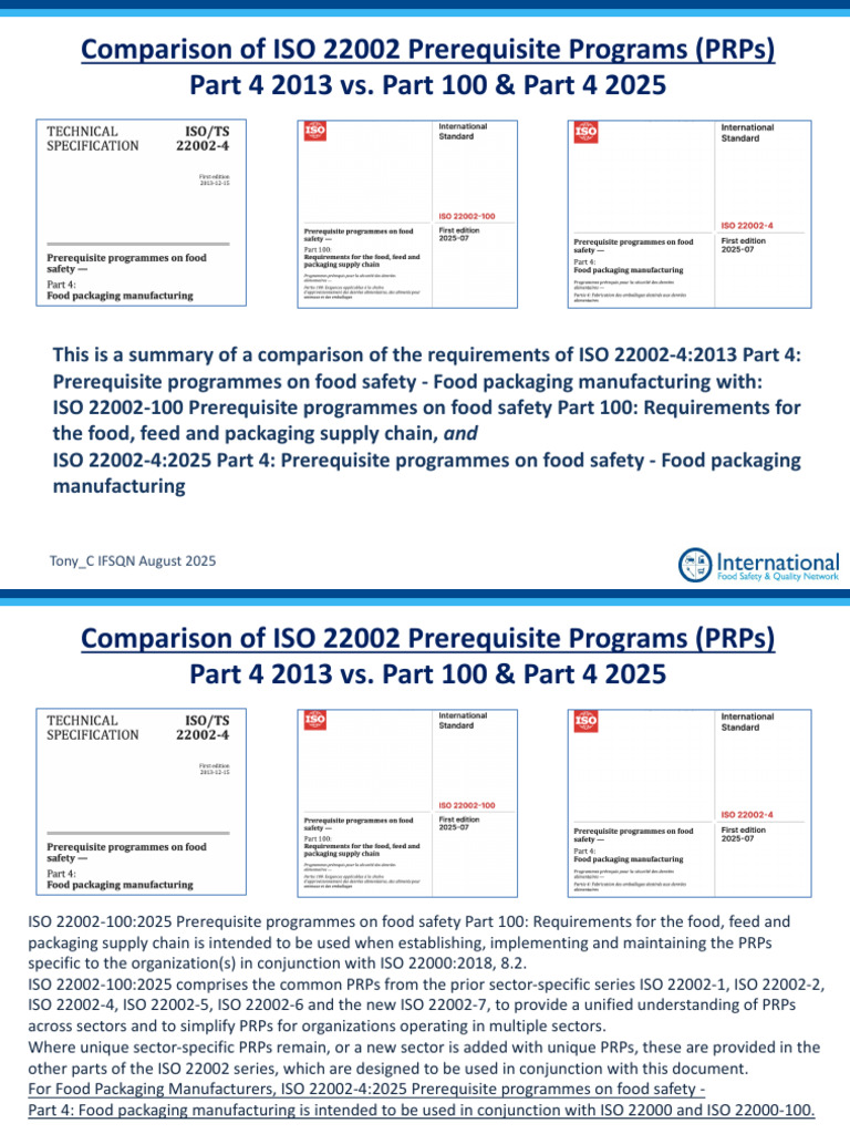 ISO 22002-4:2025 PRP Comparison Summary | PDF | Food Safety | Hygiene