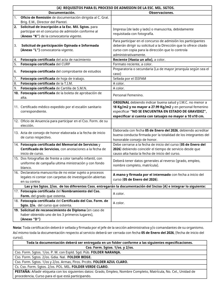 Requisitos Admisión Esc. Mil. Sgtos. 2026 | PDF