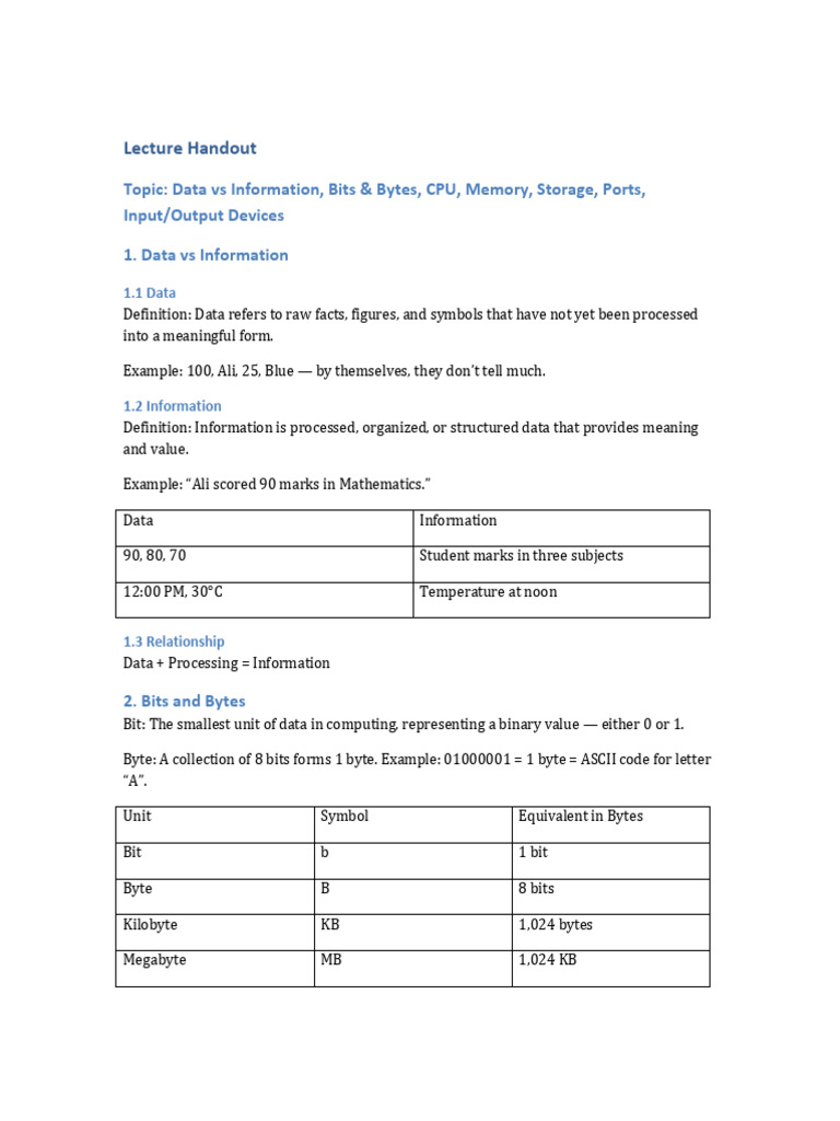 Lecture2 Handout Data Info CPU | PDF | Byte | Computer Data Storage