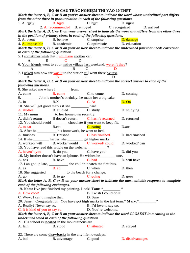 40 Multiple Choice Questions for 10th Grade Exam | PDF