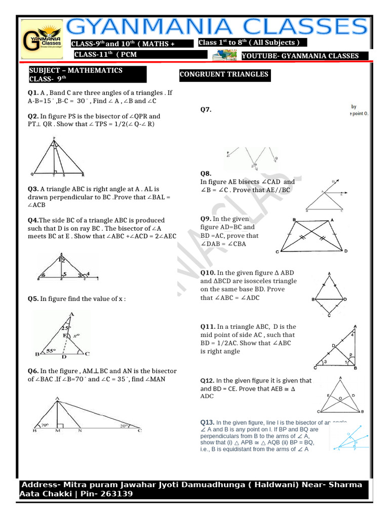 Class 9 Congruent Triangles Practice Sheet | PDF | Triangle | Elementary Mathematics