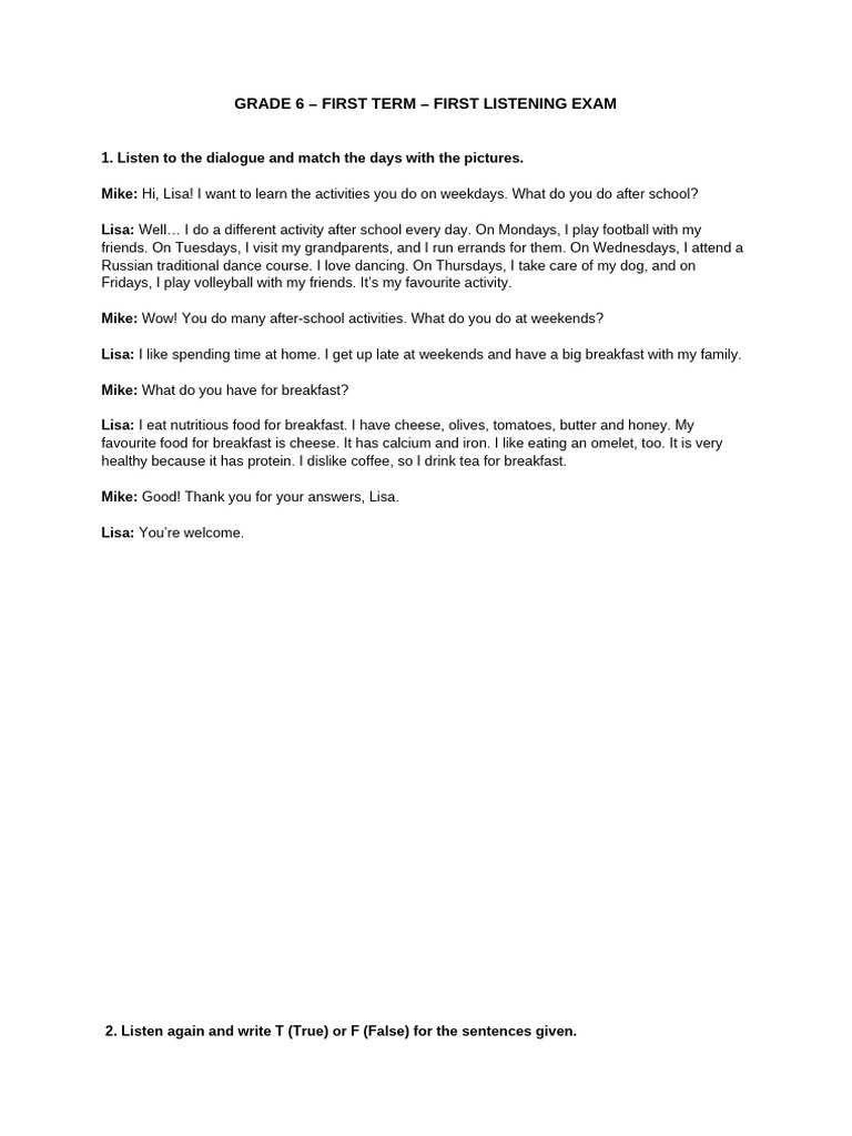 Grade 6 Listening Exam 1 - Tapescript | PDF