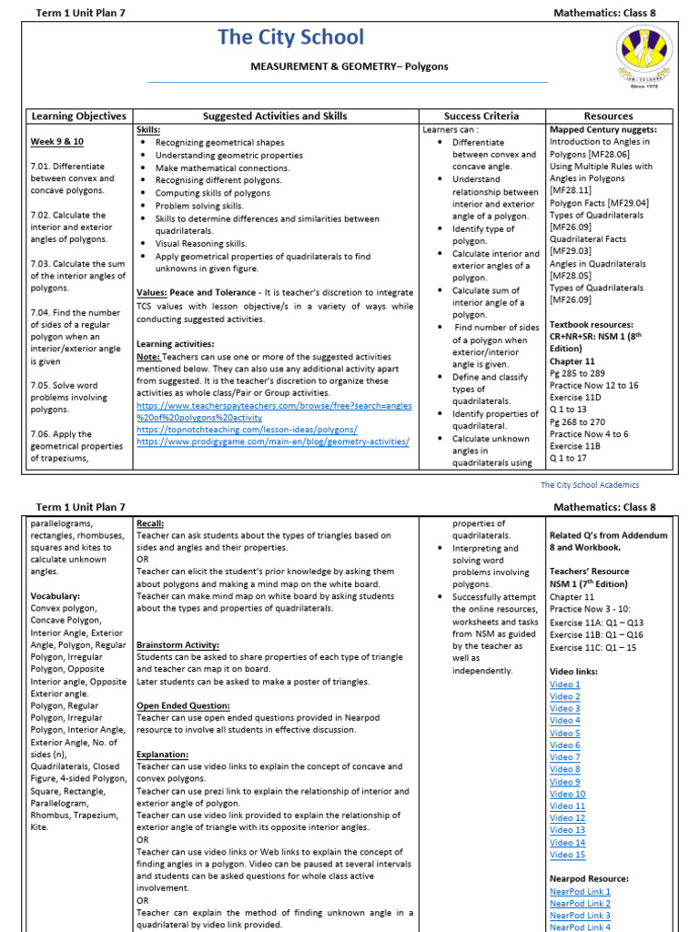 Class 8 Geometry: Polygons Unit Plan | PDF | Triangle | Rectangle