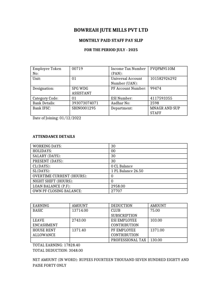 July 2025 Staff Pay Slip - Bowreah Jute Mills | PDF