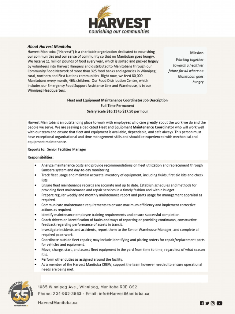 Fleet and Equipment Maintenance Coordinator Job Description March 2022 ...