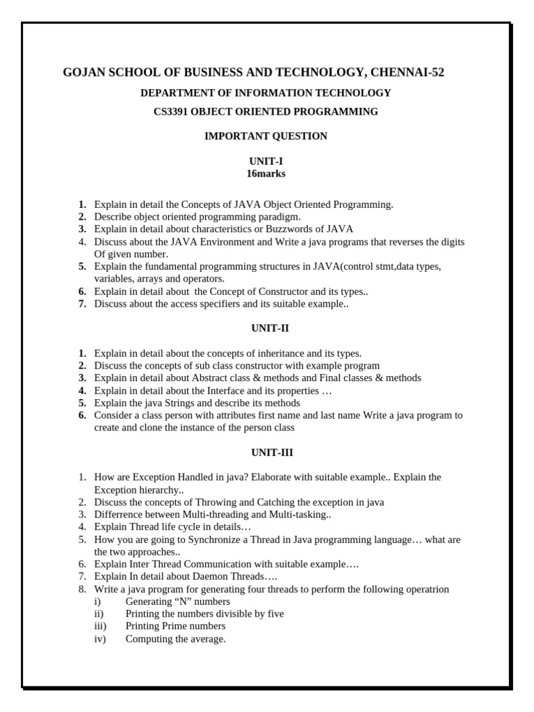 Part B 5 Units Important Question Oops | PDF | Class (Computer Programming) | Method (Computer ...
