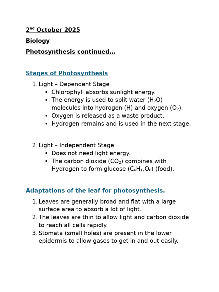 2nd October 2025 Biology Photosynthesis Nutrition Yannicka | PDF | Leaf ...