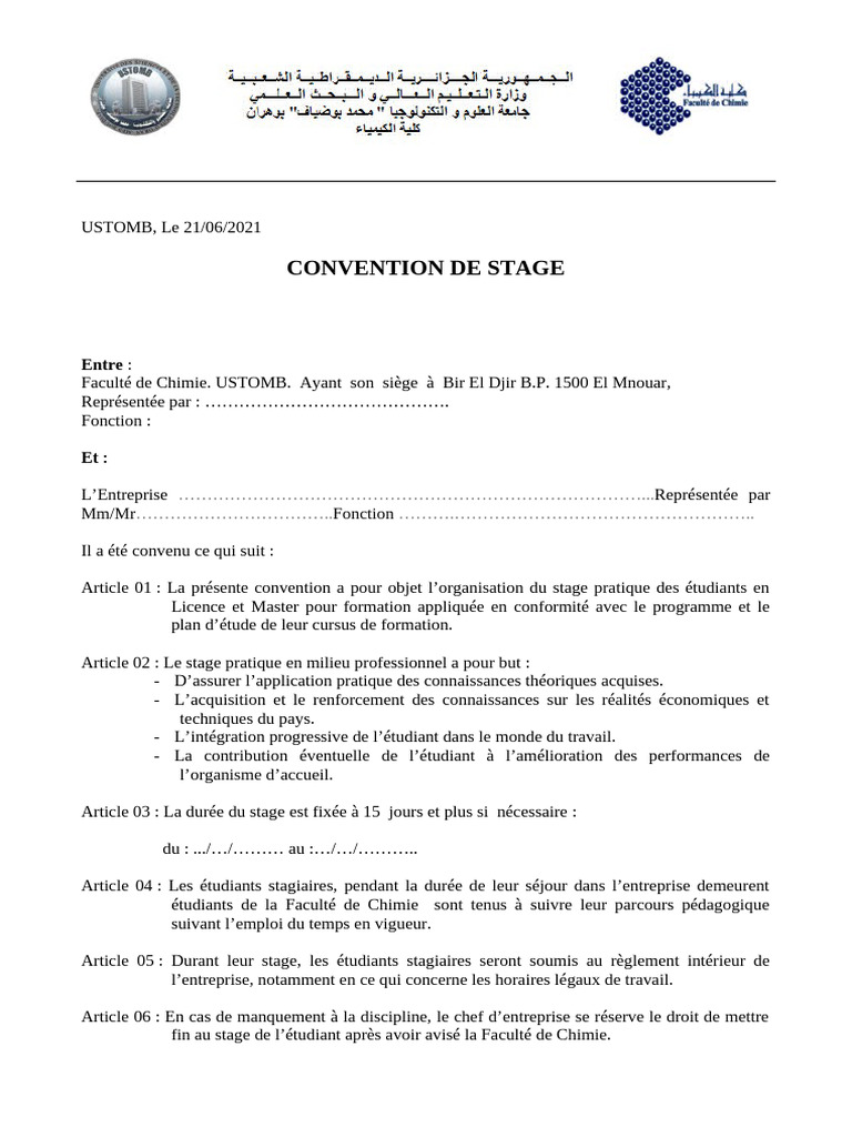 Convention de stage USTOMB 2021 | PDF