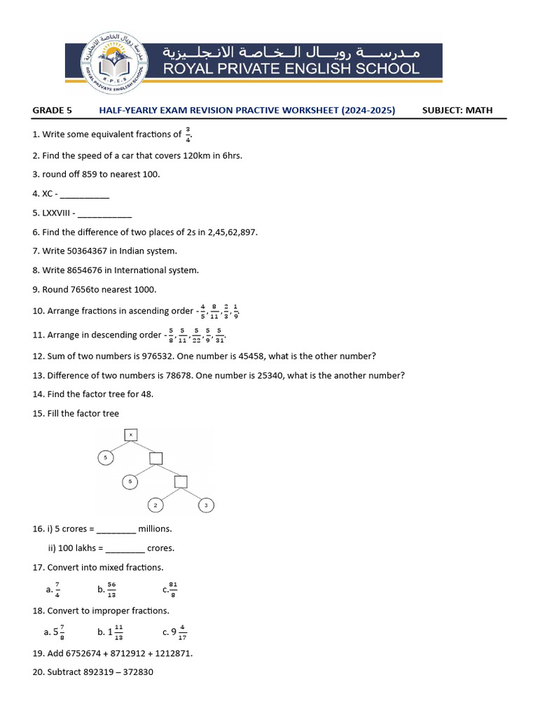 Gr5 HYE Revision Practice Worksheet (2024-25) | PDF
