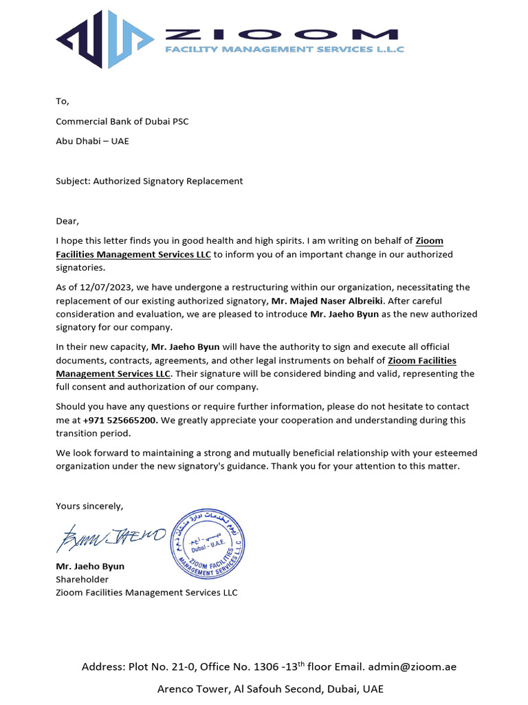 Signatory Replacement Letter - B | PDF