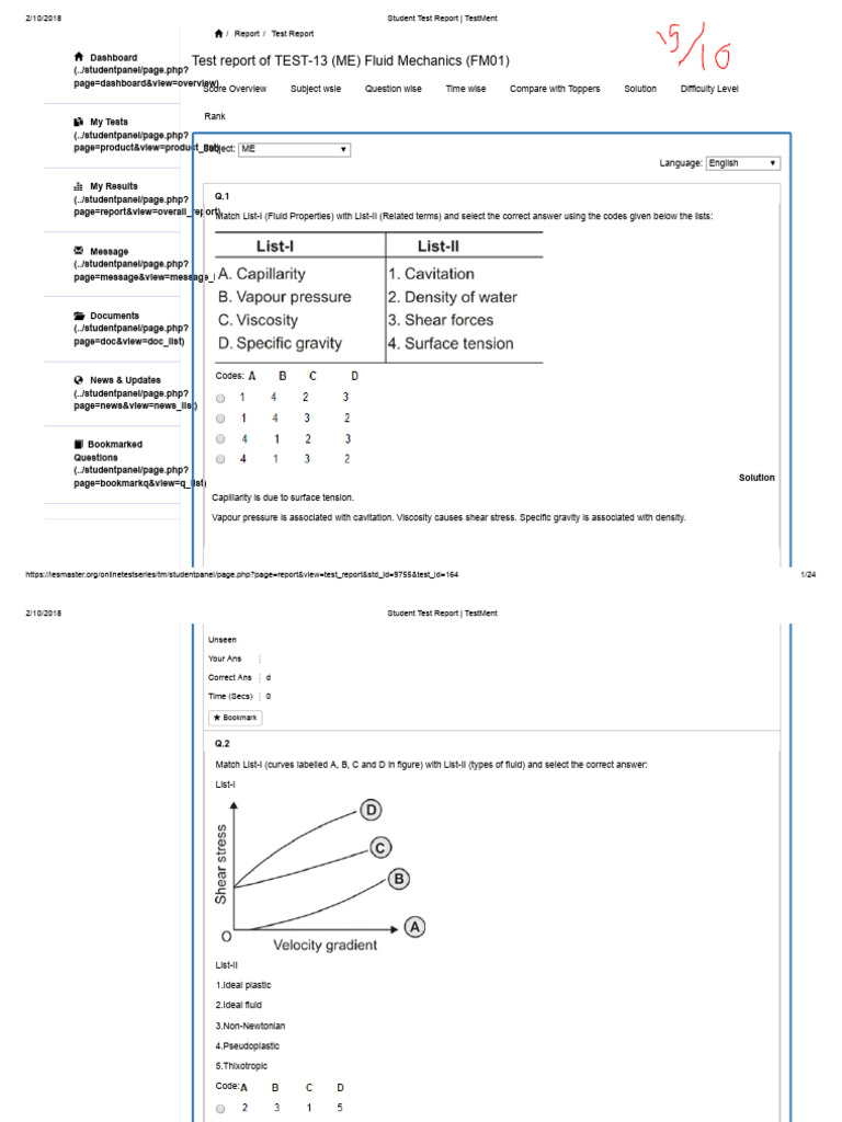 TEST-13 (ME) Fluid Mechanics (FM01) Ies Master | PDF | Fluid | Shear Stress