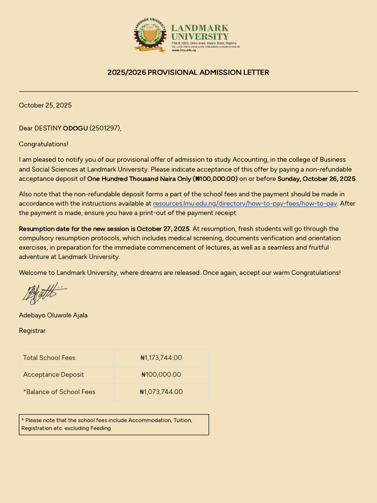 2025 Landmark University Admission Letter | PDF