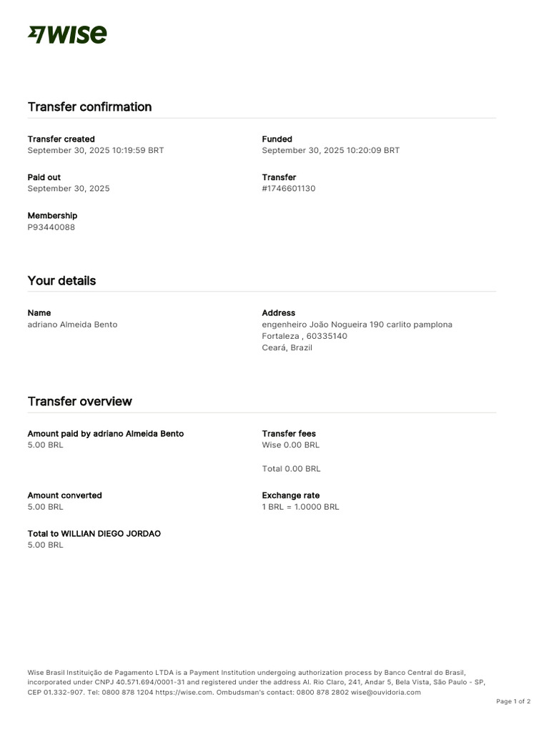 Wise Transfer Confirmation Transfer 1746601130 6420847985 Pt | PDF ...