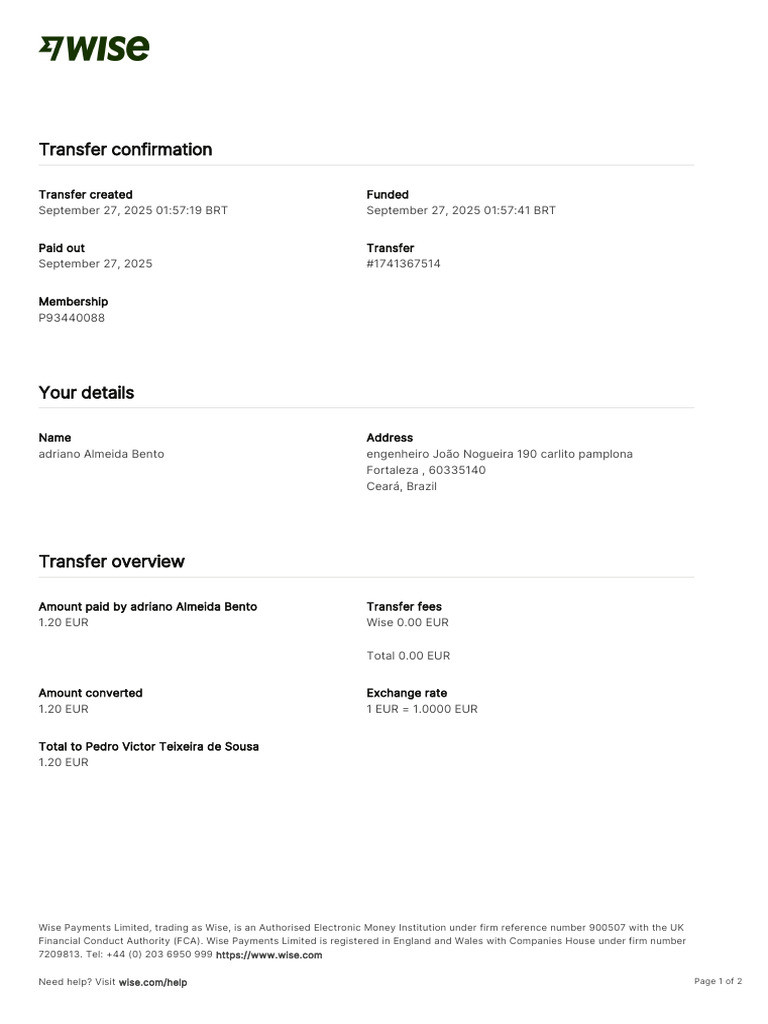 Wise Transfer Confirmation Transfer 1741367514 6395826508 PT | PDF ...
