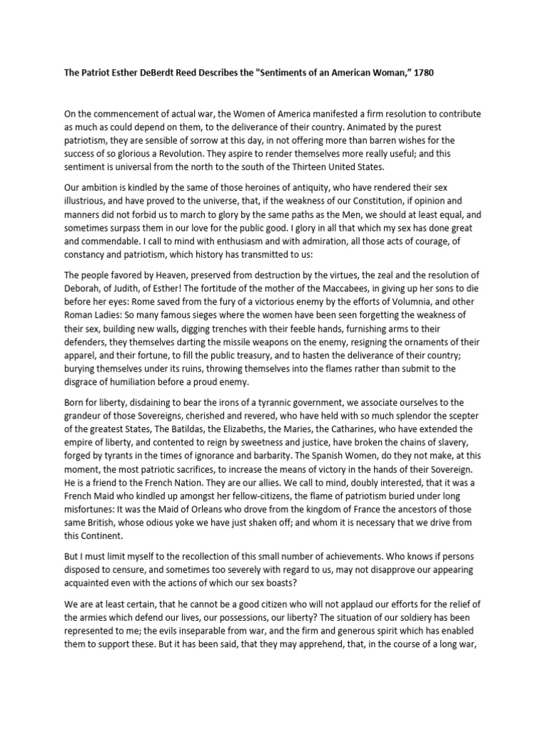 Week 4 E. The Patriot Esther DeBerdt Reed Describes The Sentiments of ...