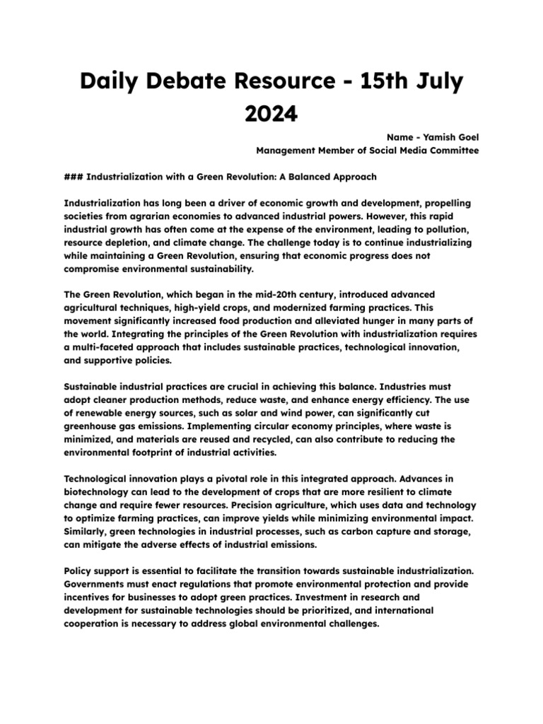 Daily Debate Resource - 15th July 2024 | PDF | Sustainability ...