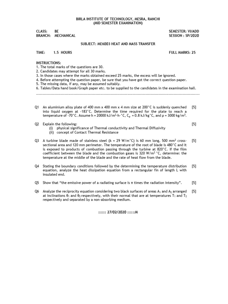 Mid-Sem Exam: Heat and Mass Transfer | PDF | Heat | Temperature