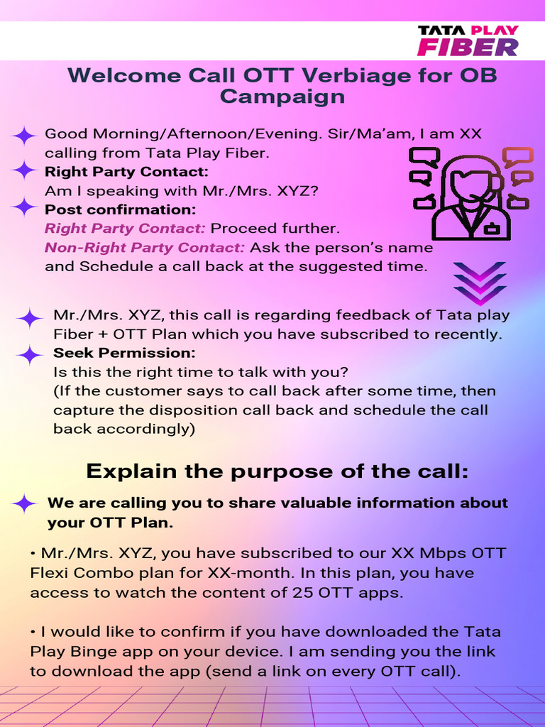 Welcome Call OTT Verbiage For OB Campaign | PDF