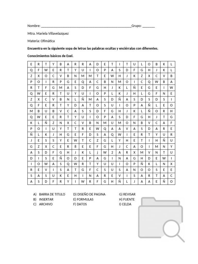 Sopa de Letras: Palabras de Excel | PDF