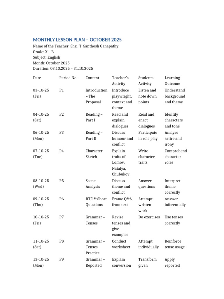 October 2025 Lesson Plan The Proposal and Grammar | PDF | Human ...
