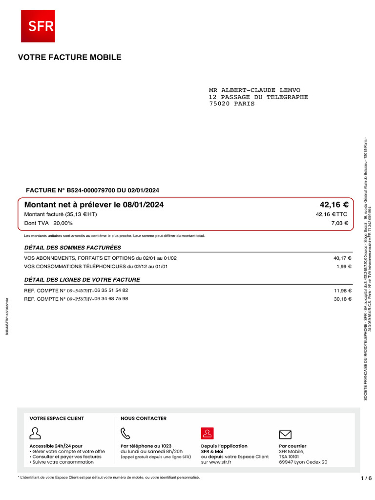 Facture SFR de janvier 2024 - Détails et Montants | PDF