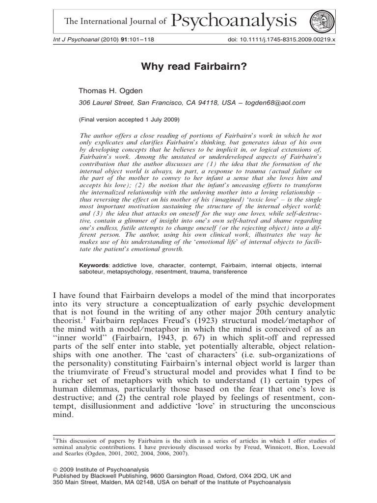 Why Read Fairbairn - Ogden, 2009 | PDF | Object Relations Theory | Psychoanalysis