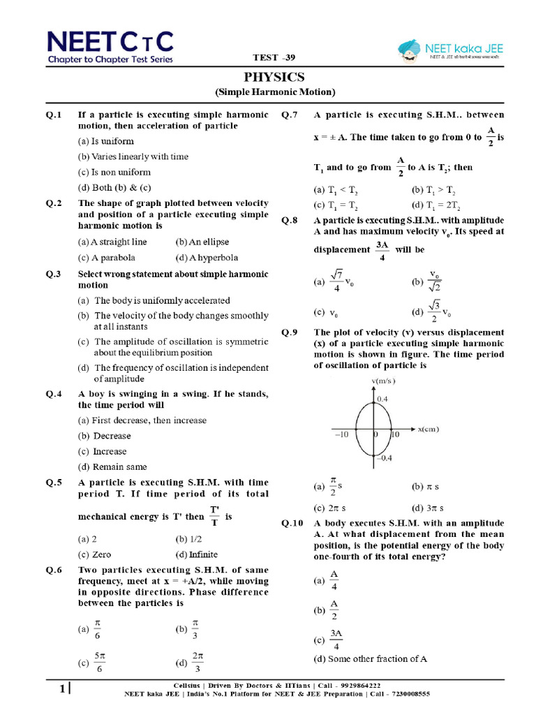 Test 39 Physics Simple Harmonic Motion 1 | PDF
