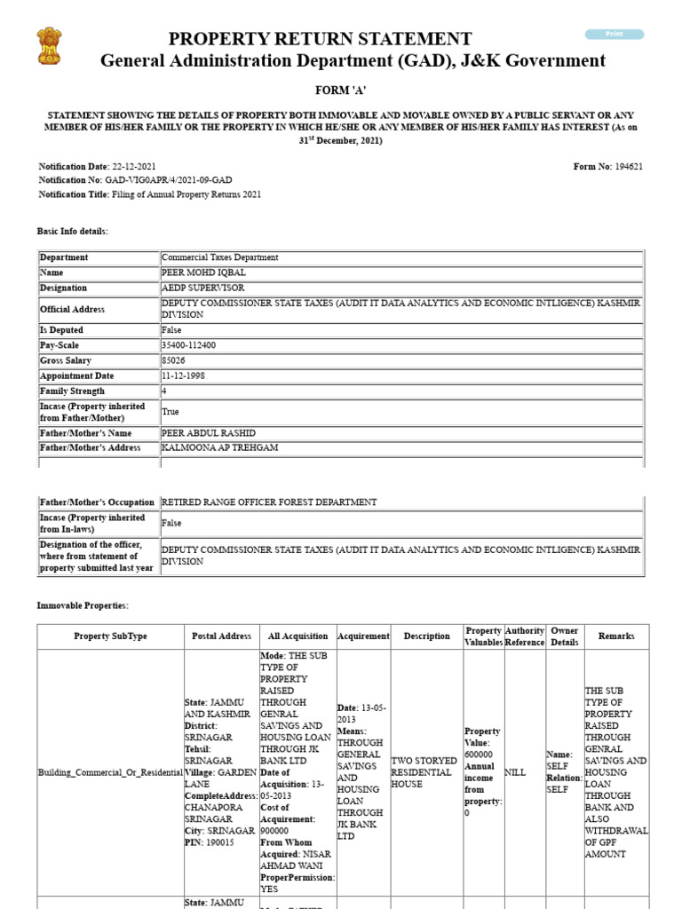 J&K Property Return Statement 2021 | PDF | Taxation | Taxes