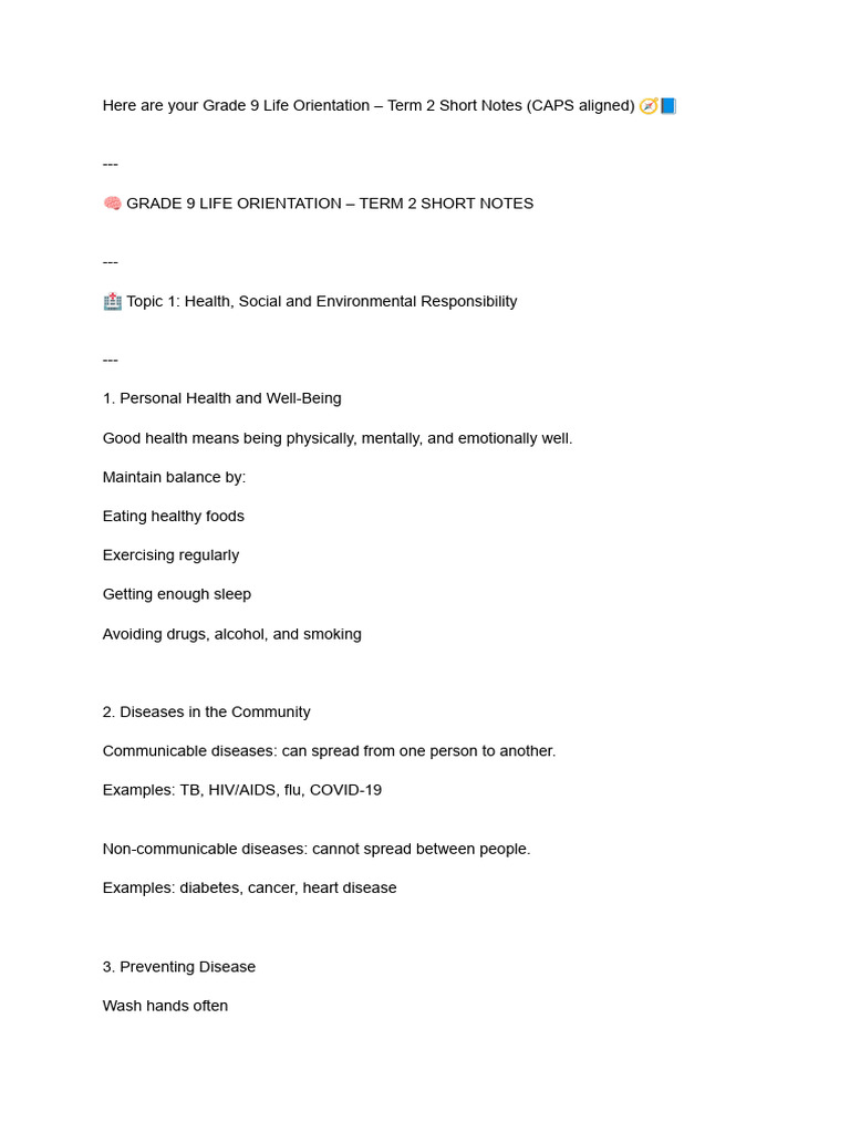 Grade 9 Life Orientation Term 2 Notes | PDF | Hiv/Aids | Waste