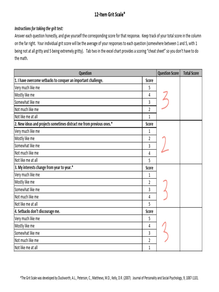 12-Item Grit Scale Assessment | PDF | Grit (Personality Trait) | Chess ...