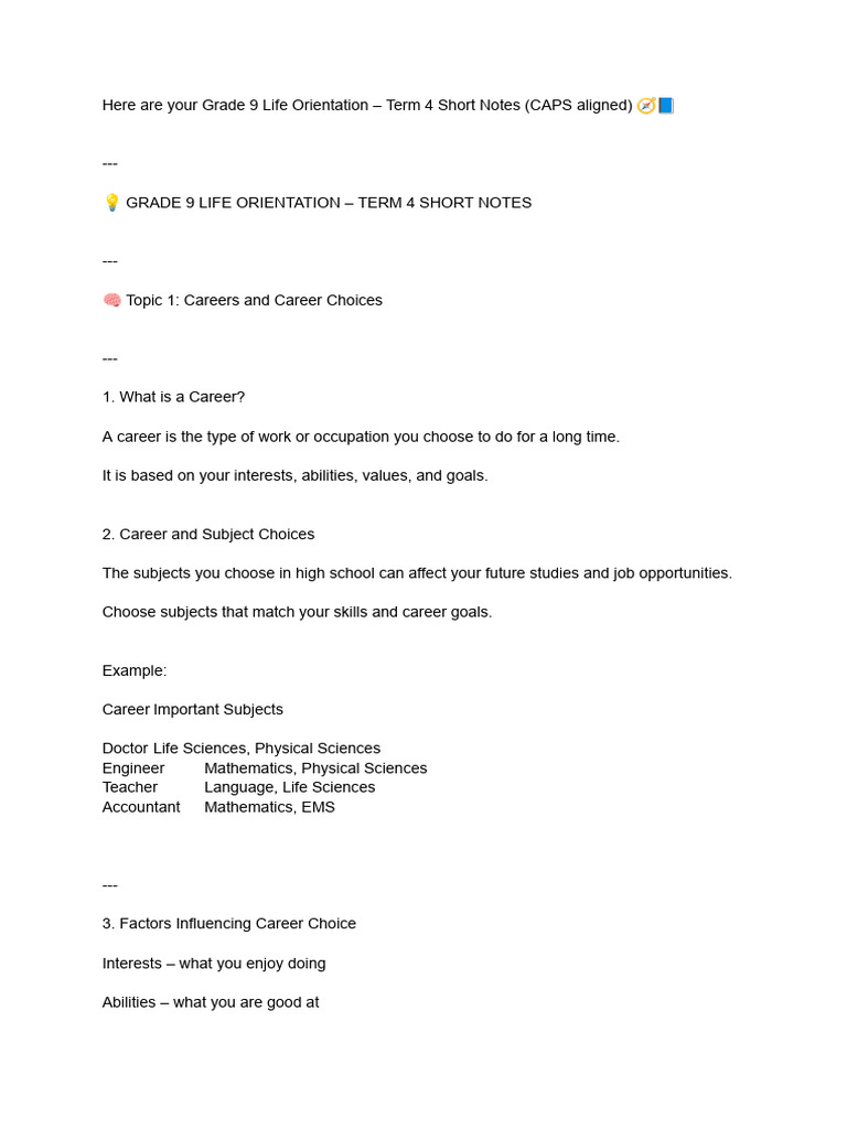 Grade 9 Life Orientation Term 4 Notes | PDF | Learning | Cognition