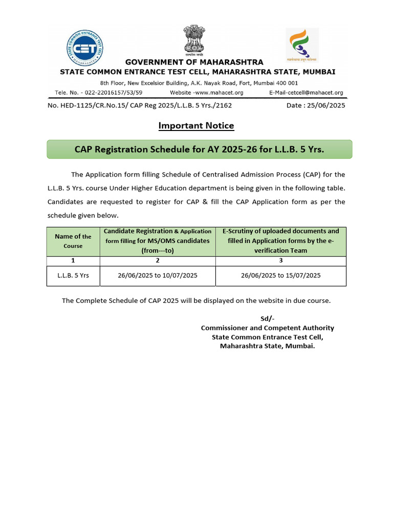 LLB 5 Yrs CAP 2025 Registration Schedule 1 | PDF