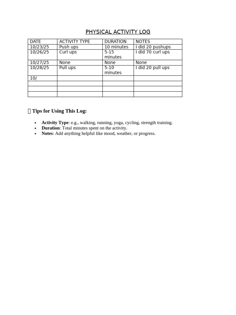 (Physical Activity Log) Physical Activity Log | PDF