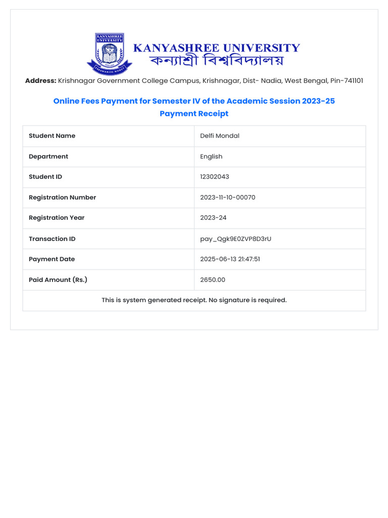Fees Payment Receipt - Portal 2023-25 - Kanyashree University | PDF