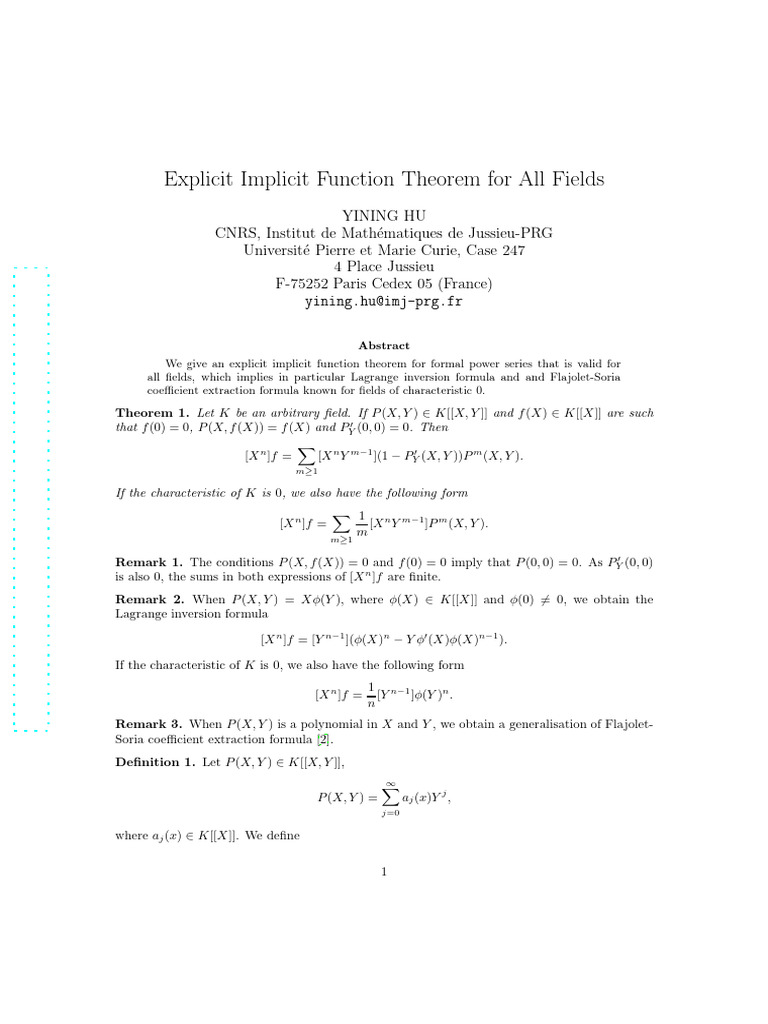 Explicit Implicit Function Theorem For All Fields | PDF | Field (Mathematics) | Discrete Mathematics