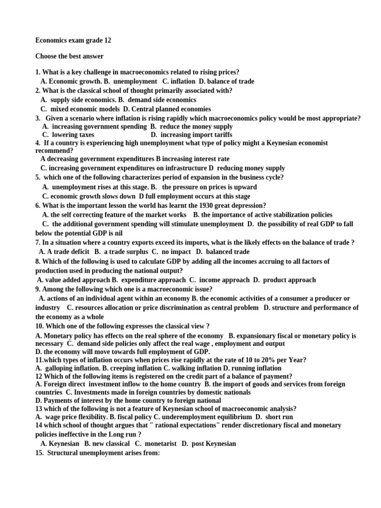 Grade 12 Economics Exam Questions | PDF | Inflation | Macroeconomics