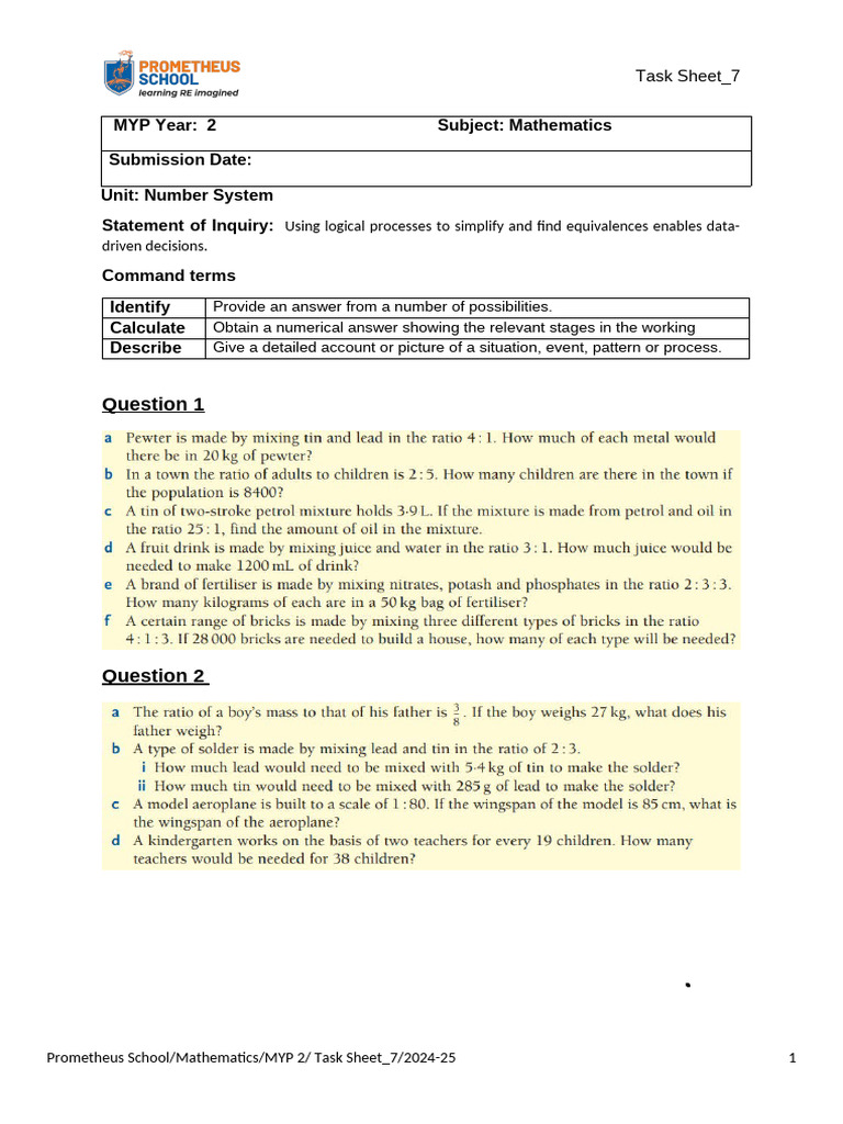Grade 7 Task Sheet 7 (Ratios) | PDF