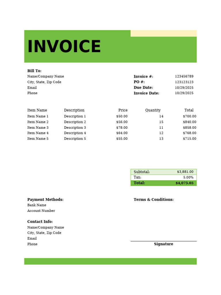 Simple Corporate Green Yellow Standard Invoice | PDF