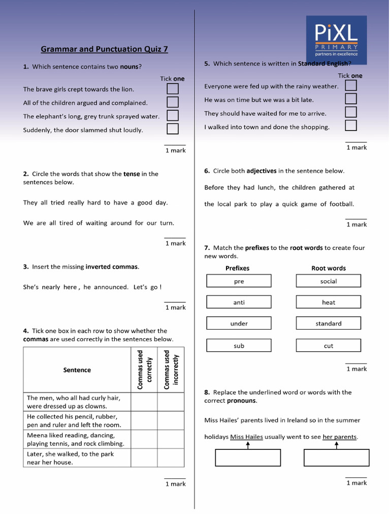 Grammar and Punctuation Quiz 7 | PDF