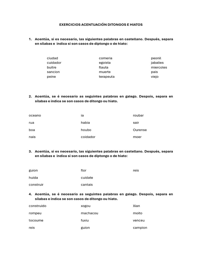Ejercicios Acentuación de Diptongos e Hiatos | PDF