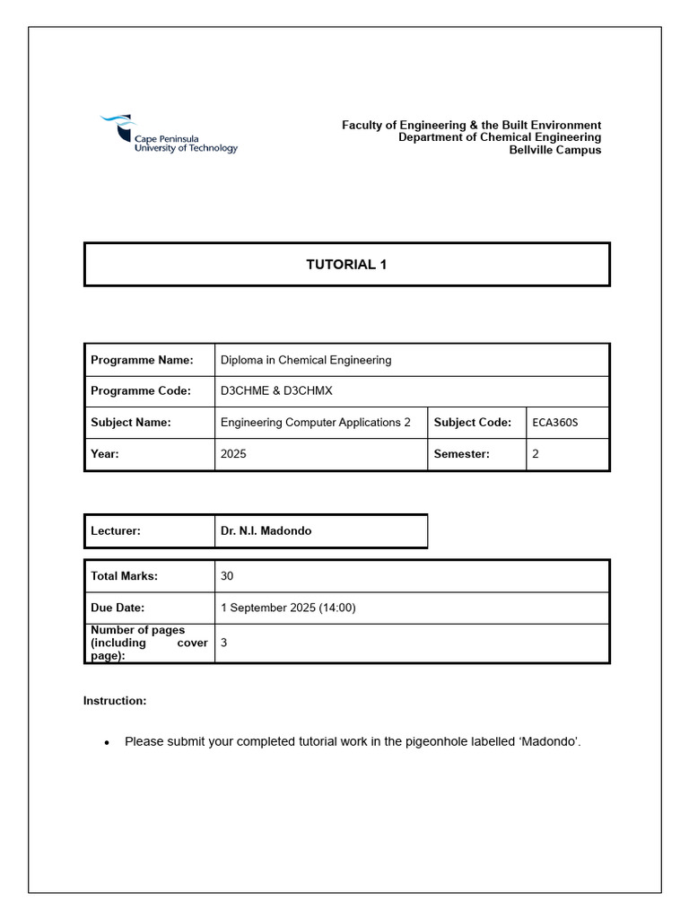 ECA360S - 2025 - Tutorial 1 - Question Paper | PDF | Kinetic Energy