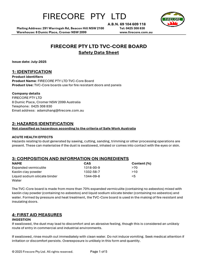 Firecore TVC-Core Board Safety Data Sheet | PDF | Respiratory Tract ...