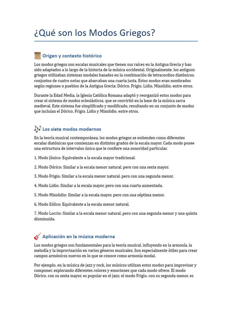 Modos Griegos: Escalas Musicales Históricas | PDF | Escala (música ...