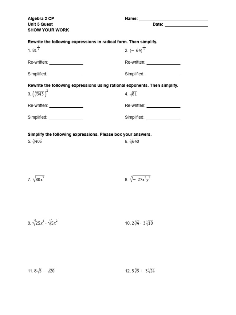 Algebra 2 Unit 5 Quest Guide | PDF