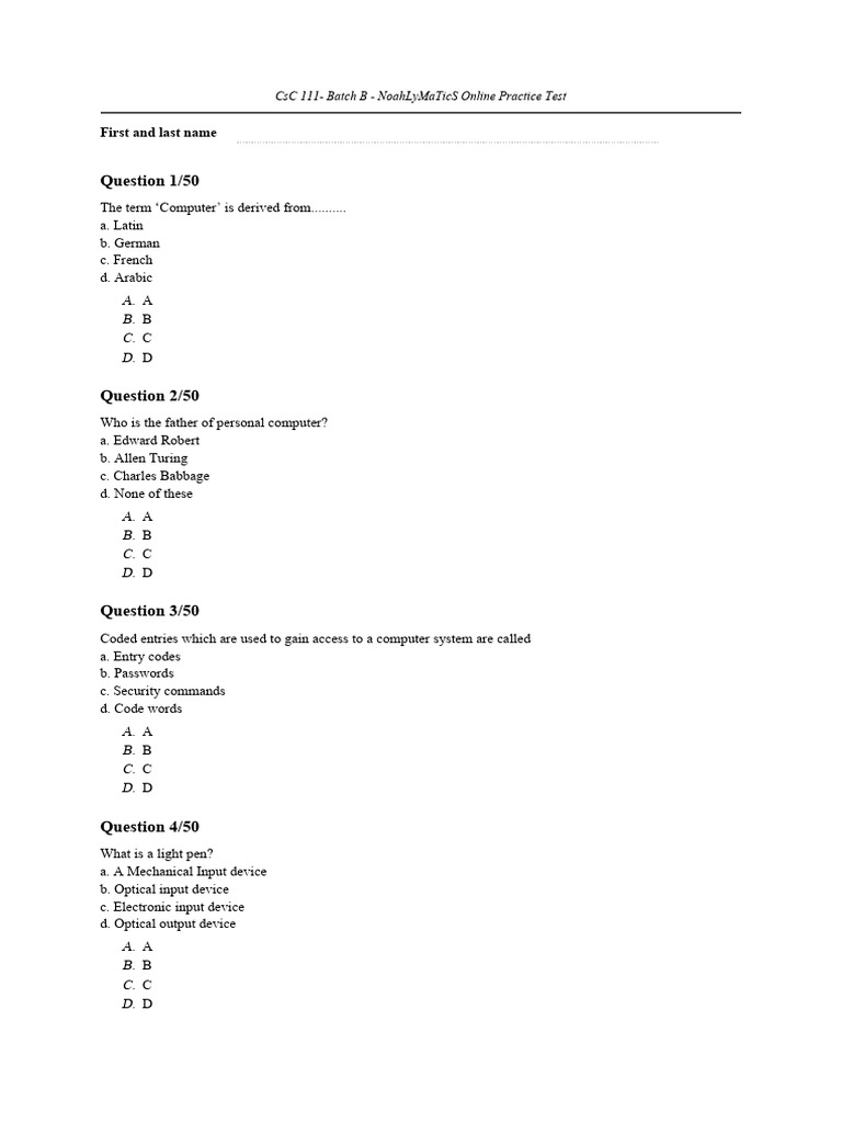 CsC 111- Batch B - NoahLyMaTicS Online Practice Test - Questions_102126 ...