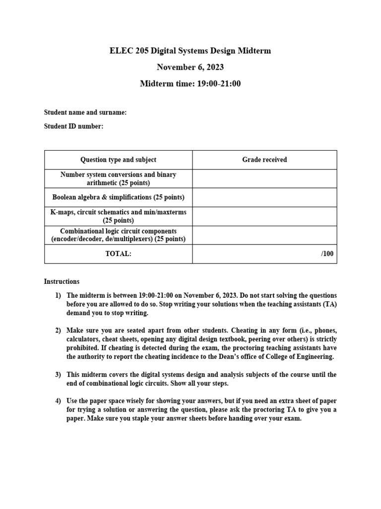Digital Systems Design Midterm Exam | PDF | Boolean Algebra | Teaching ...